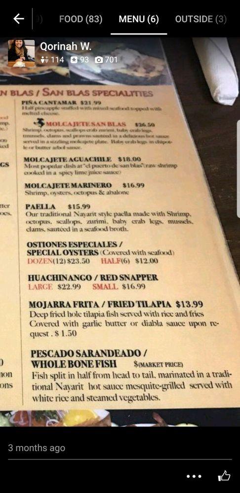 Menu at El Puerto De San Blas restaurant, Indianapolis, W 38th St