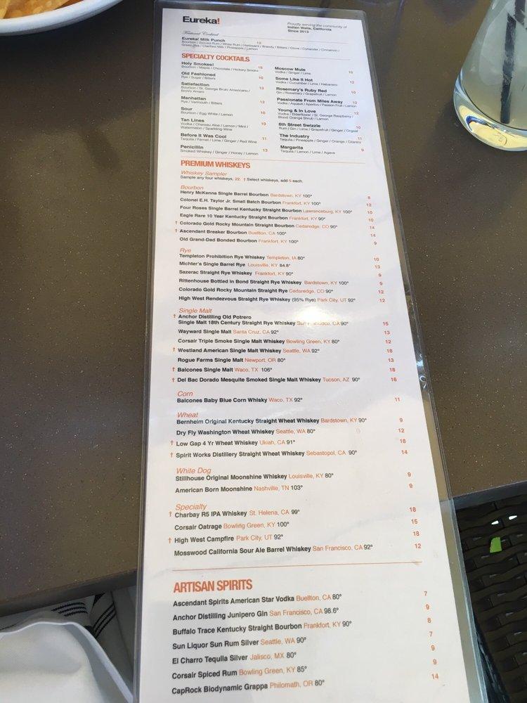 Menu at Eureka! restaurant, Indian Wells
