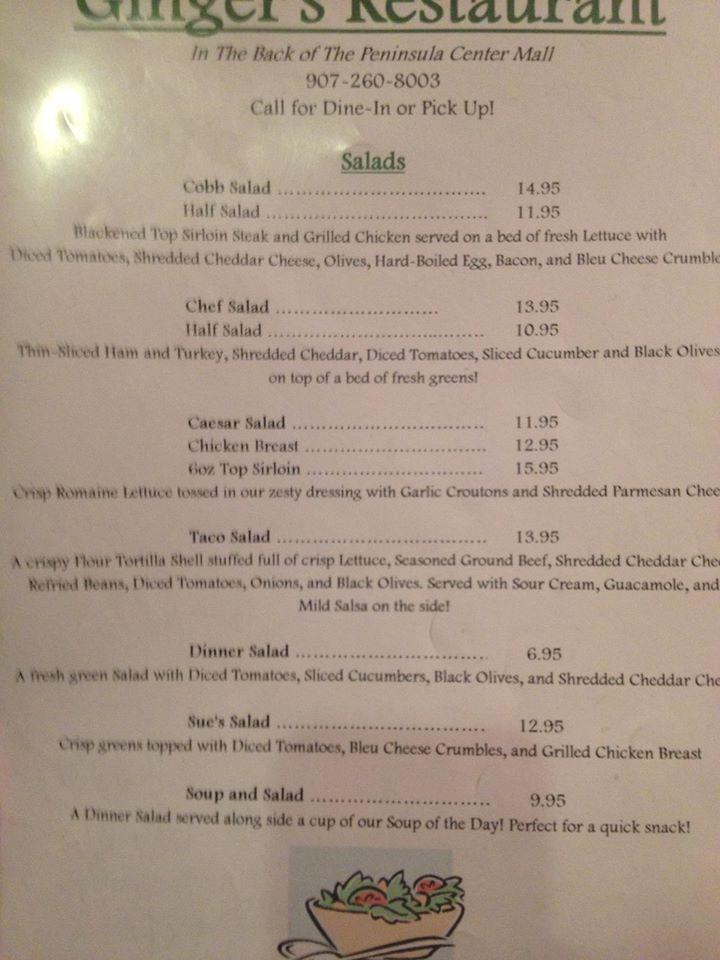 Menu at Ginger's Restaurant, Soldotna