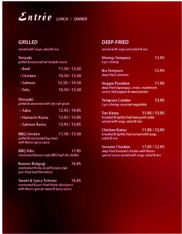 Menu at Kenzo Sushi Japanese Restaurant, Yuba City