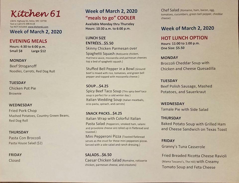 Menu at Kitchen 61 restaurant, Kelso, 138 US-61