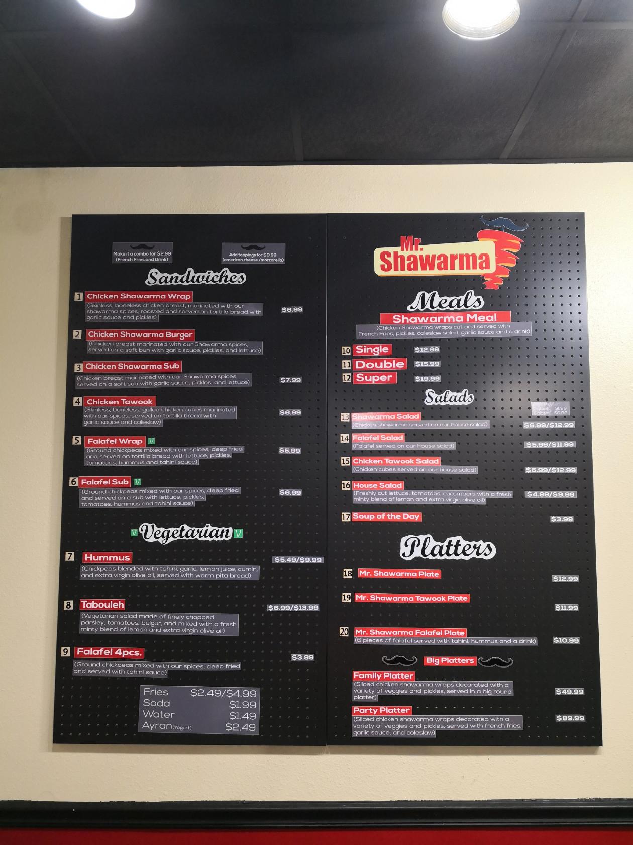 Menu at Mr. Shawarma restaurant, Pensacola