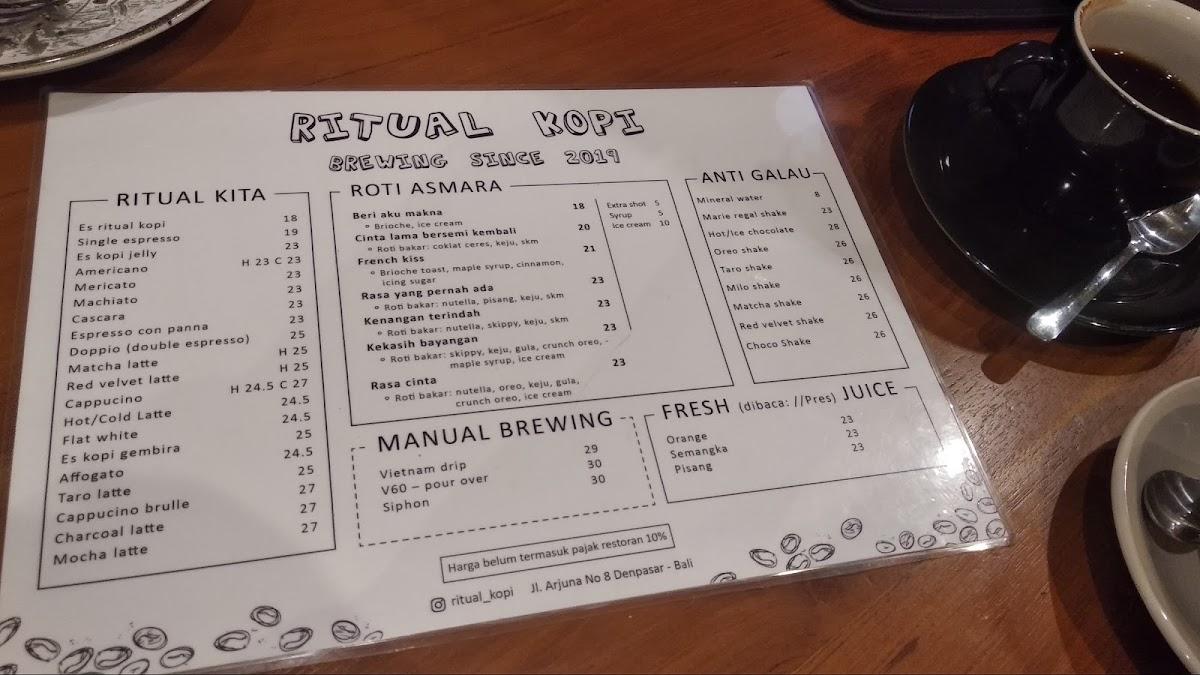 Menu at Ritual Kopi Denpasar, Denpasar, Jl. Arjuna No.8