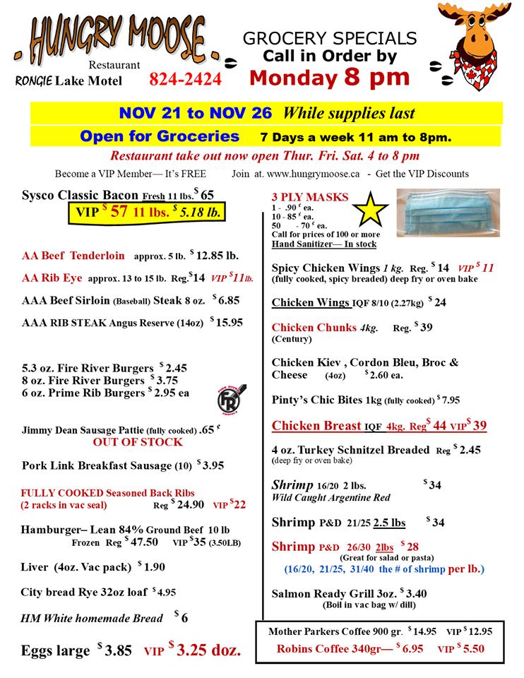 Menu at Rongie Lake Motel and Hungry Moose Restaurant, Canada