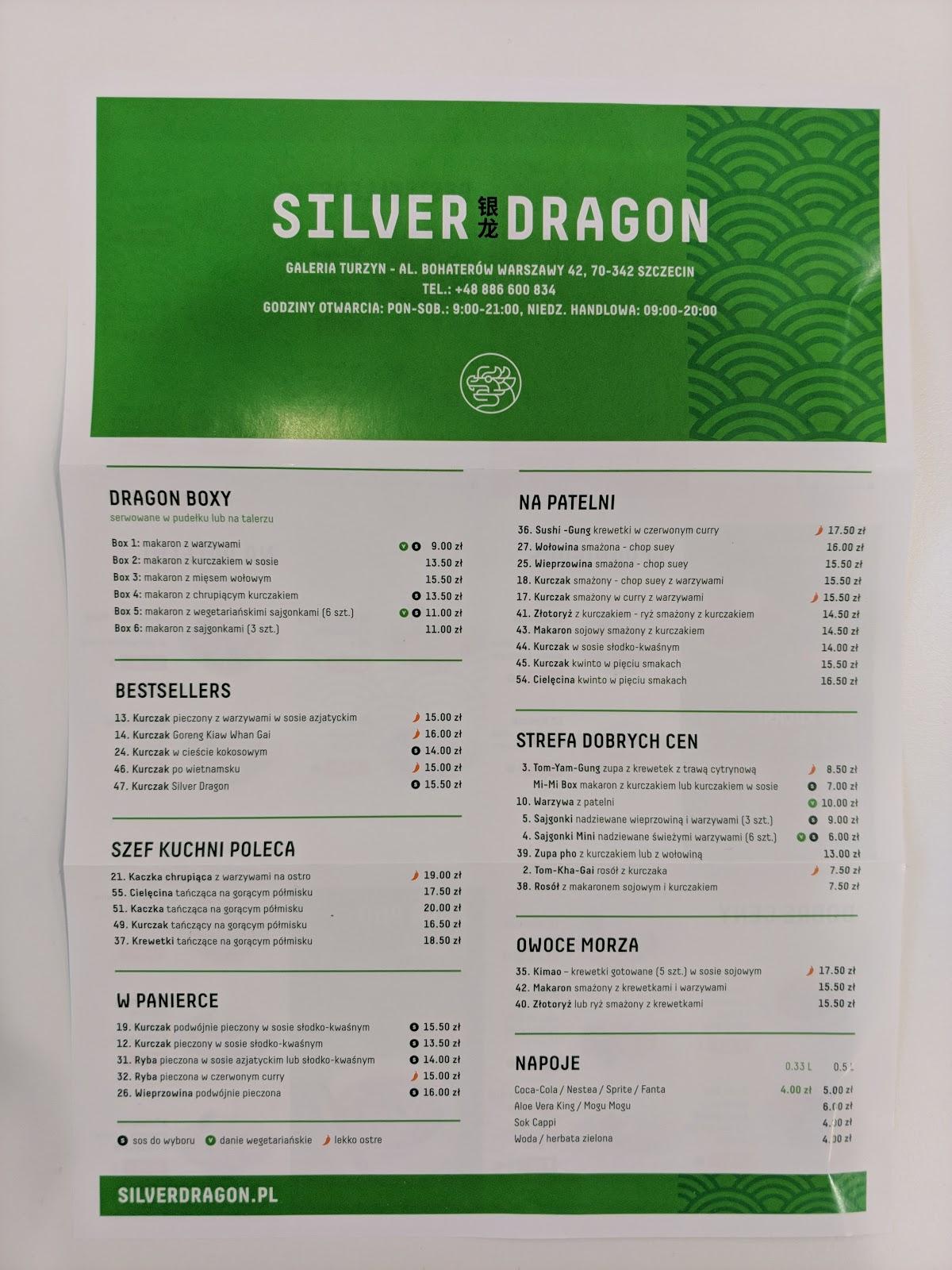 Menu at Silver Dragon restaurant, Szczecin