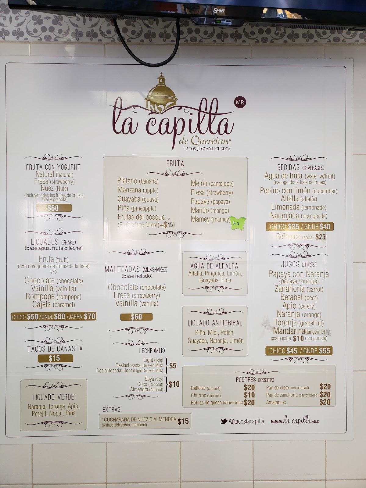 Carta del restaurante Tacos La Capilla, El Pueblito, P.º del Tejeda 213