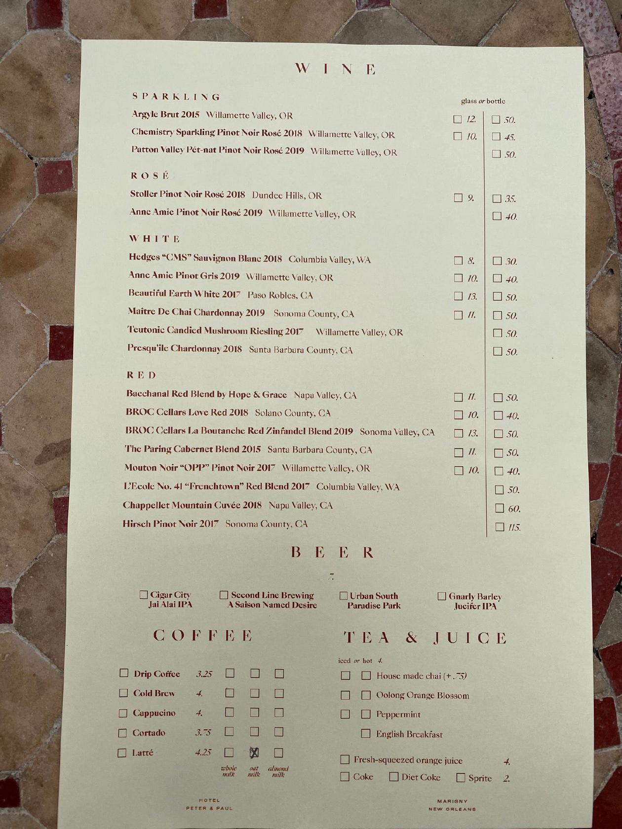 Menu at The Elysian Bar, New Orleans