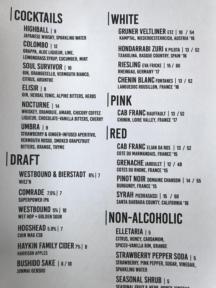 Menu at The Wolf's Tailor restaurant, Denver