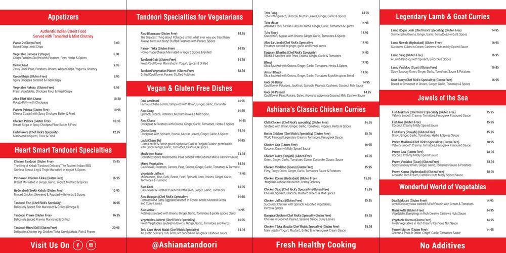 Menu at Ashiana Tandoori restaurant, Vancouver