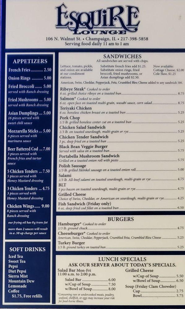 Menu at Esquire Lounge pizzeria, Champaign