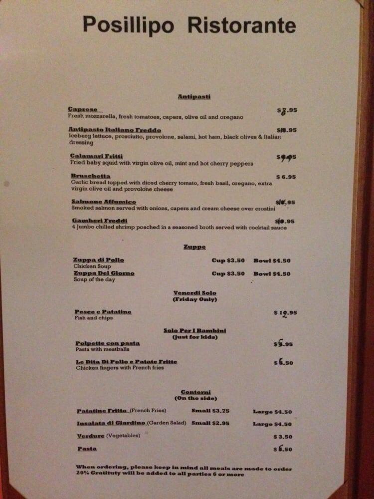 Menu at Posillipo restaurant, North Providence