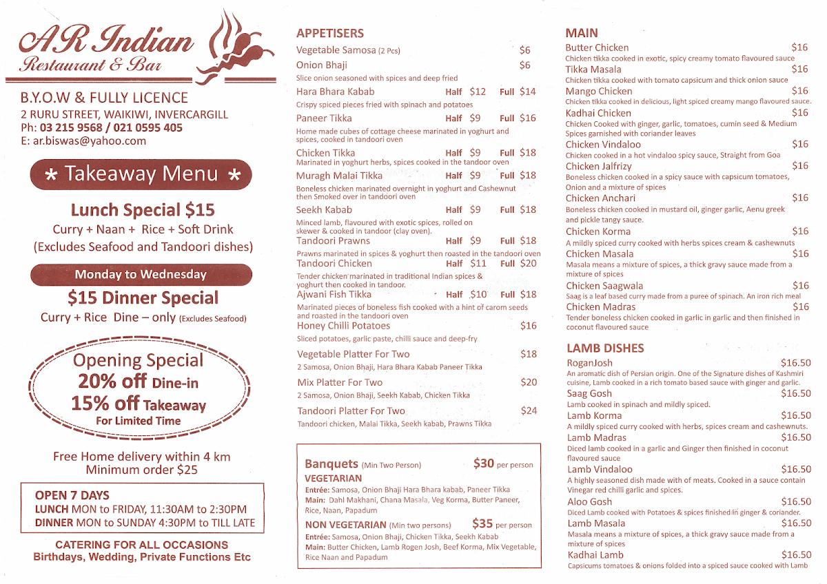 Menu at AR Indian Restaurant & Bar, Takeaway, Invercargill