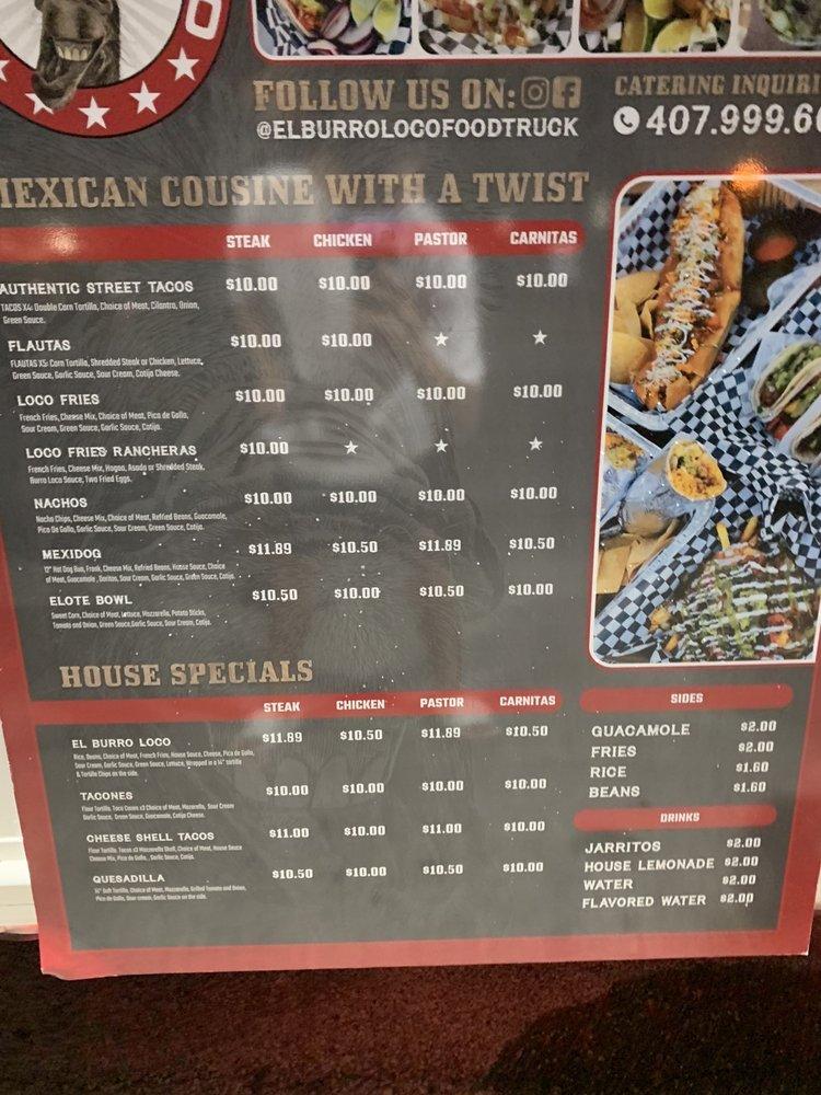 Menu at El Burro loco restaurant, Orlando, S Kirkman Rd