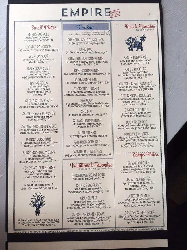 Menu at Empire Chinese Kitchen restaurant, Portland