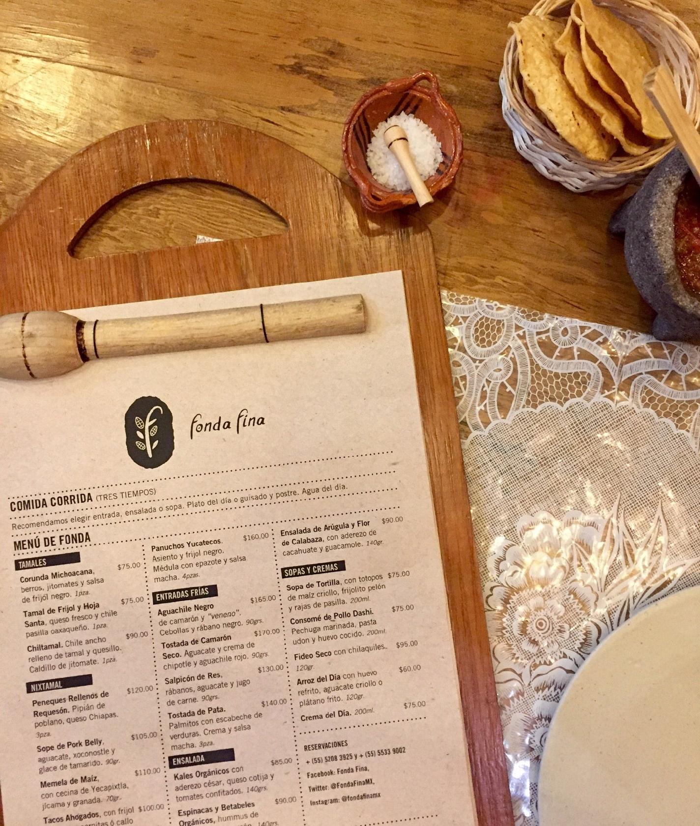 Menu at Fonda Fina restaurant, Ciudad López Mateos
