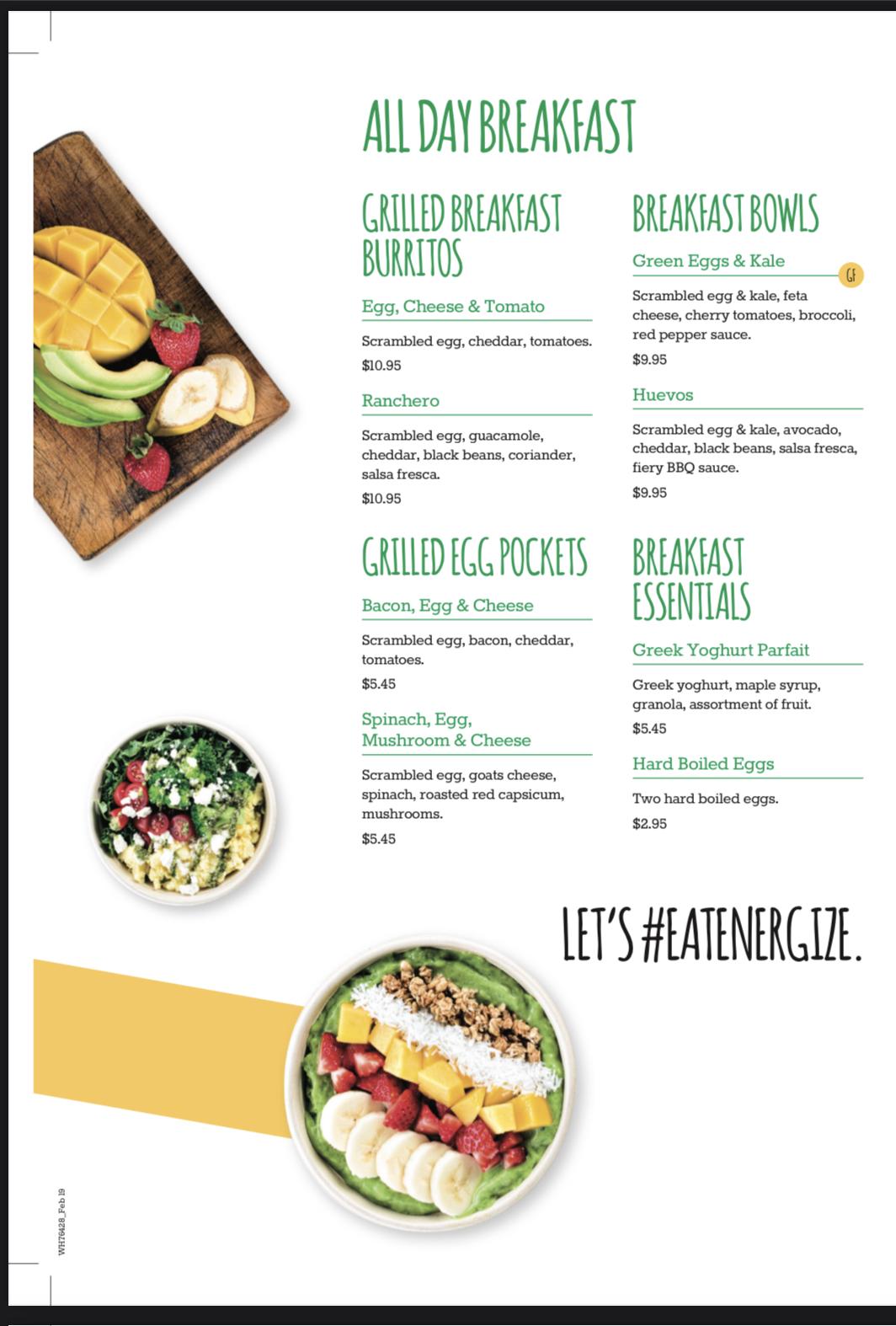 Menu at Freshii restaurant, Canberra