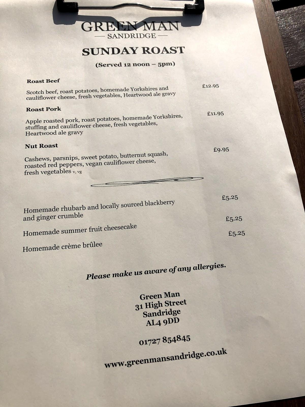 Menu at Green Man pub & bar, St Albans, 31 High St