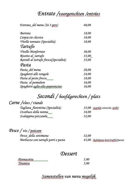 Menu at Il Trionfo, Knokke-Heist, Paul Parmentierlaan 203