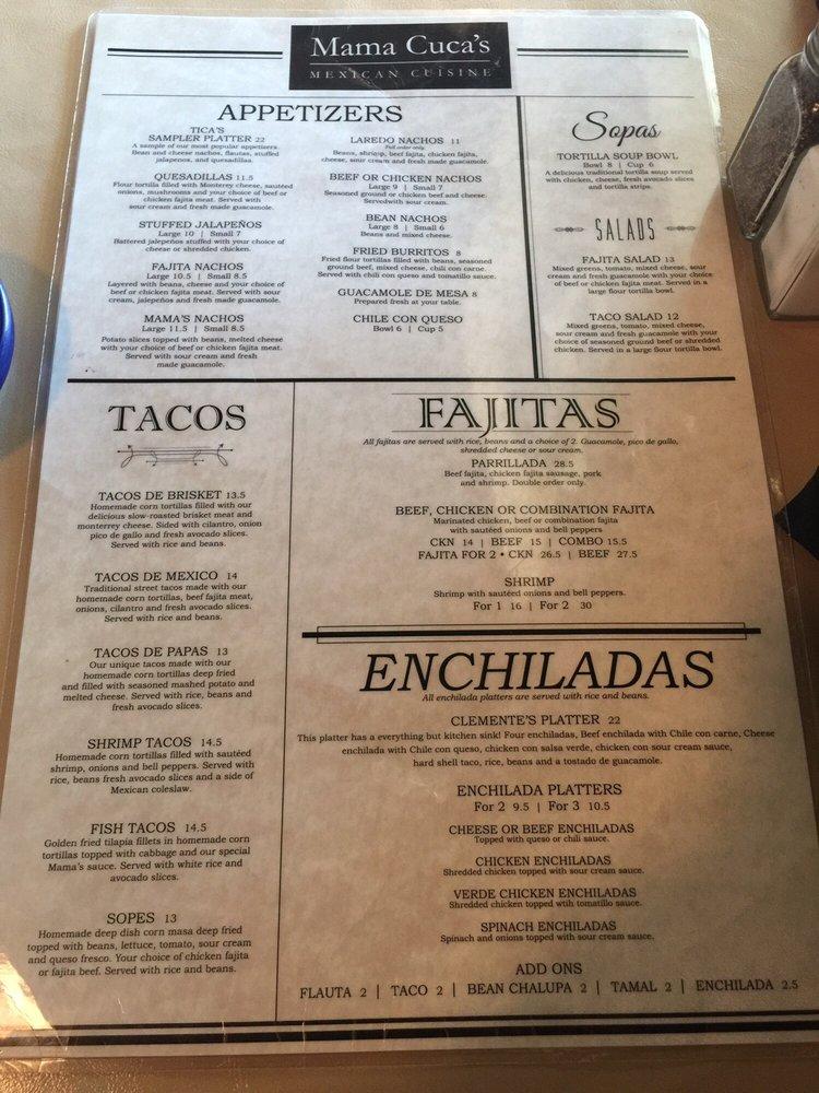 Menu at Mama Cuca's Mexican Cuisine restaurant, Mansfield