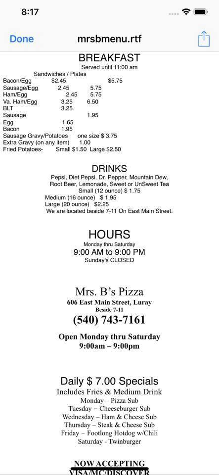 Menu at Mrs B's Pizza pizzeria, Luray
