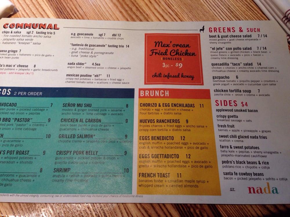 Menu at Nada pub & bar, Indianapolis