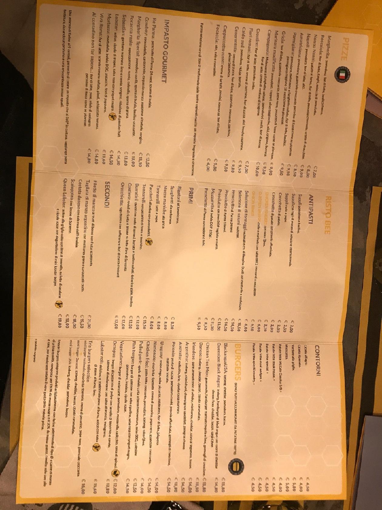 Menu at Ristorante Queen bee, Rome, Via del Monte della Farina