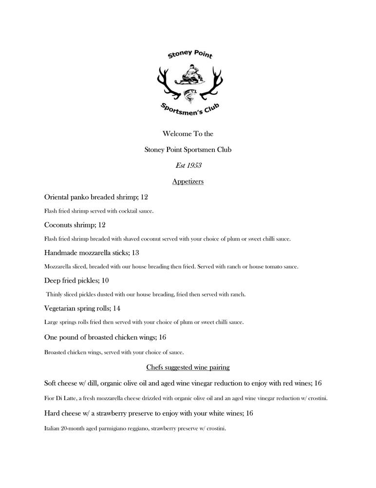 Menu at Stoney Point Sportsmen's Club, Lakeshore