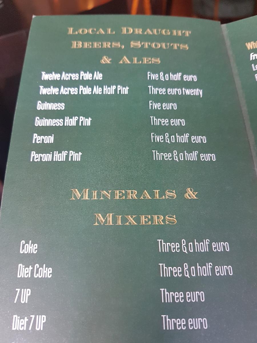 Menu at The Clink restaurant, Carlow