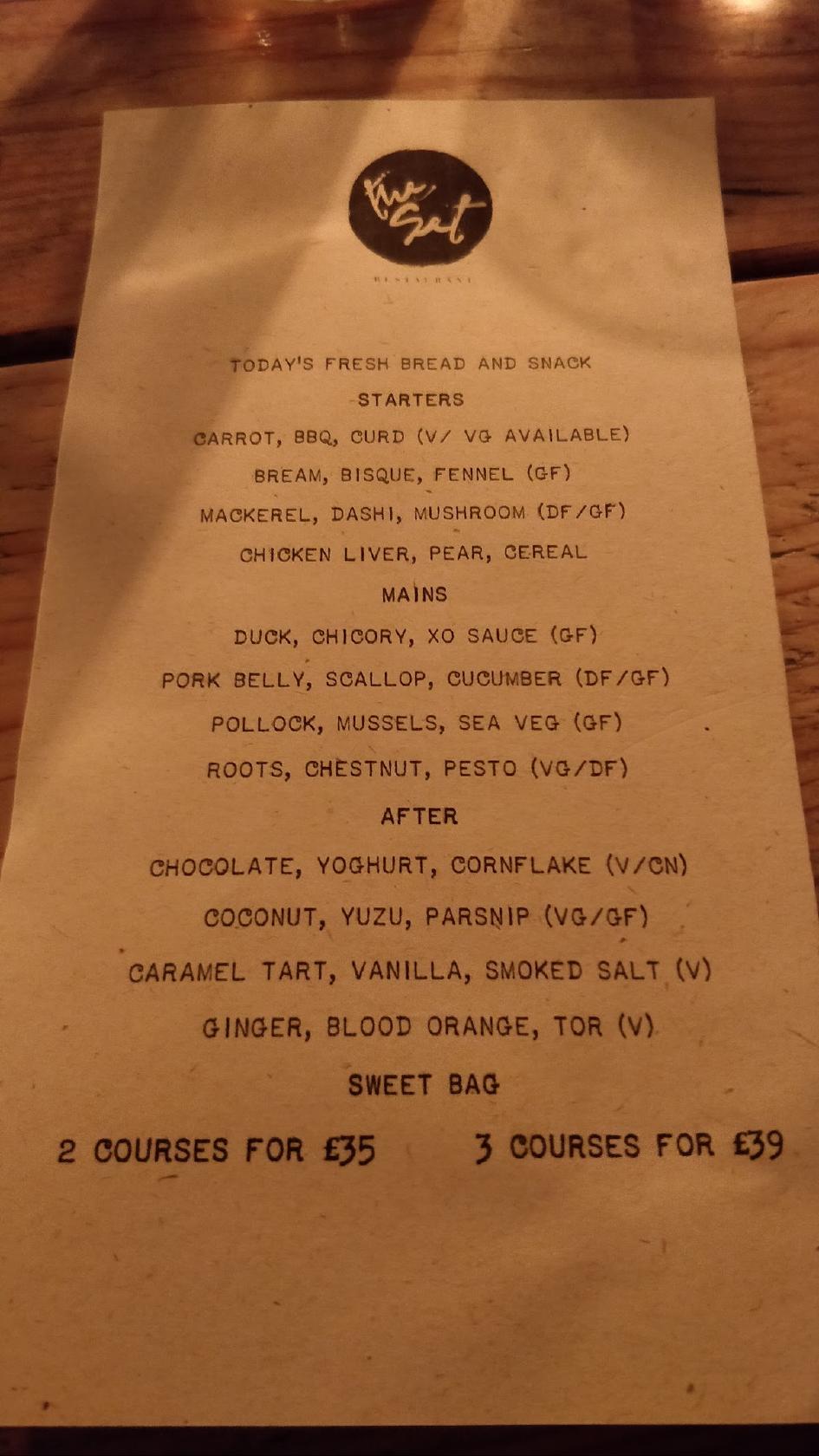 Menu at The Set Restaurant, Brighton