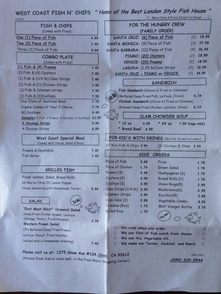 Carta del restaurante West Coast Fish N' Chips, Clovis, Shaw Ave # 104