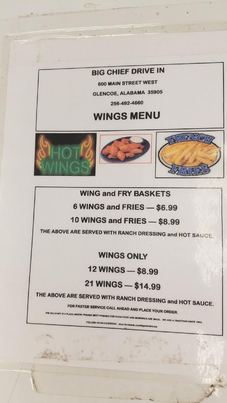 Menu at Big Chief Drive-In fast food, Glencoe