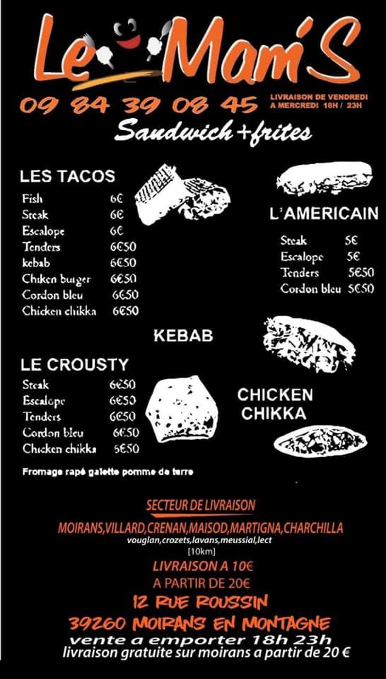 Menu at Chez Dudu restaurant, Moirans-en-Montagne