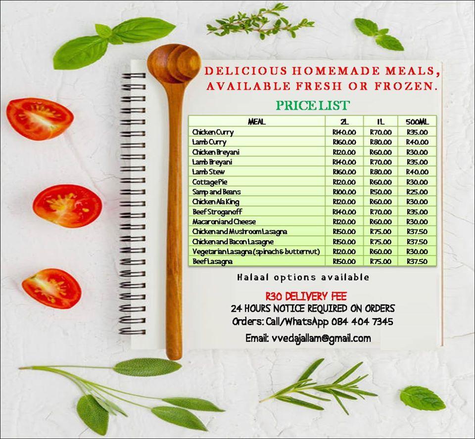 Menu at Homemade Meals restaurant, East London