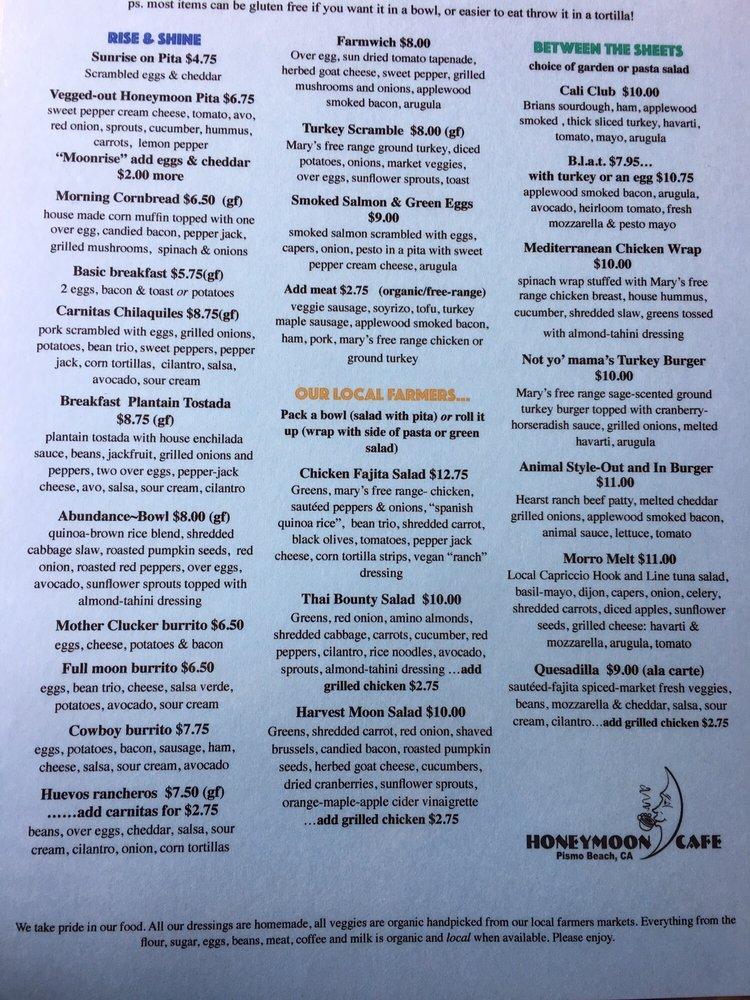Menu at Honeymoon Cafe, Pismo Beach