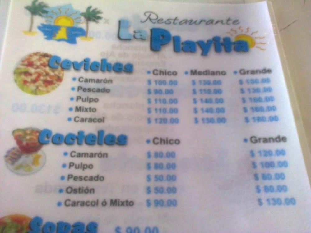 Menu at La Playita restaurant, Puerto Morelos