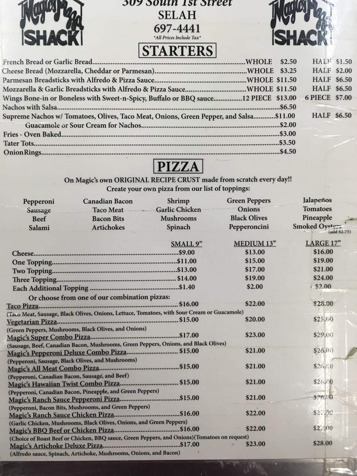 Menu at Magic's Pizza Shack pizzeria, Selah