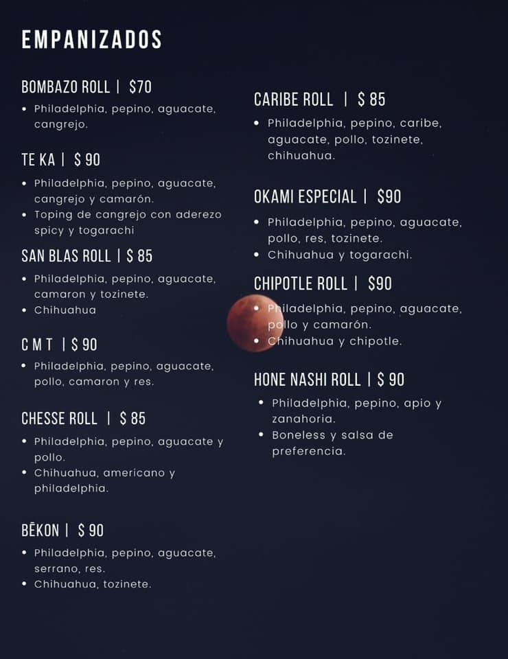 Menu at Okami Sushi restaurant, San Blas