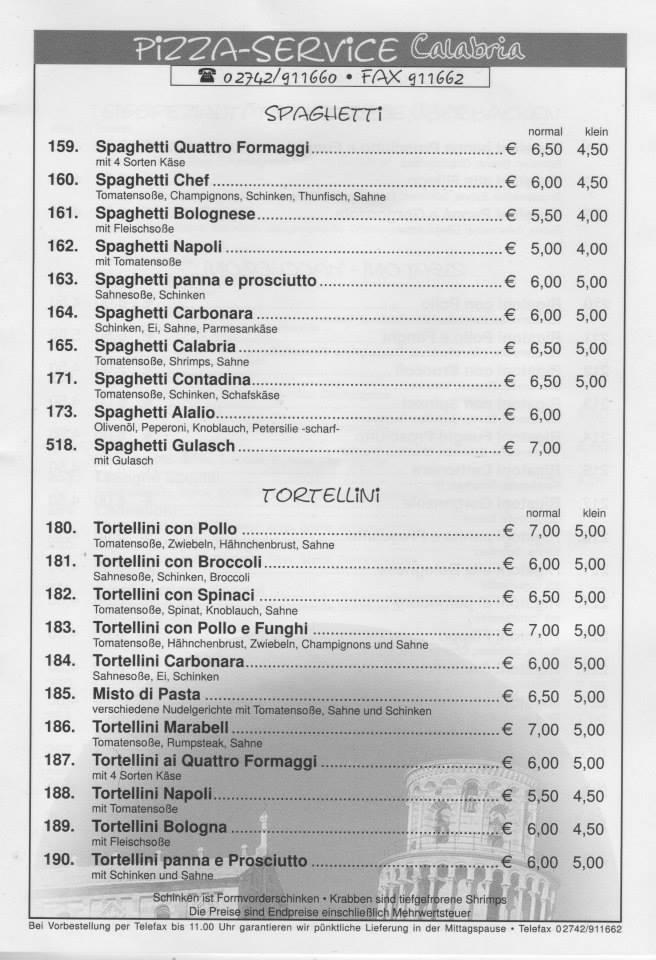 Menu at Pizzeria Calabria, Wissen