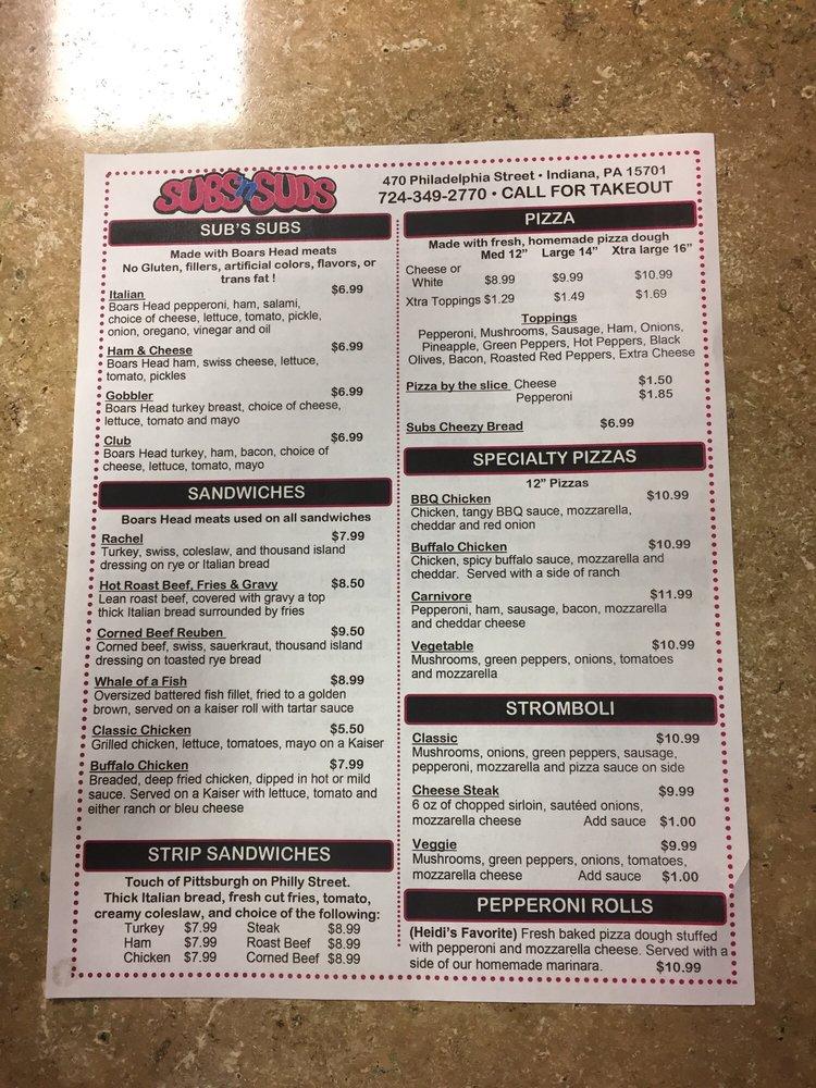 Menu at Subs N Suds pizzeria, Indiana