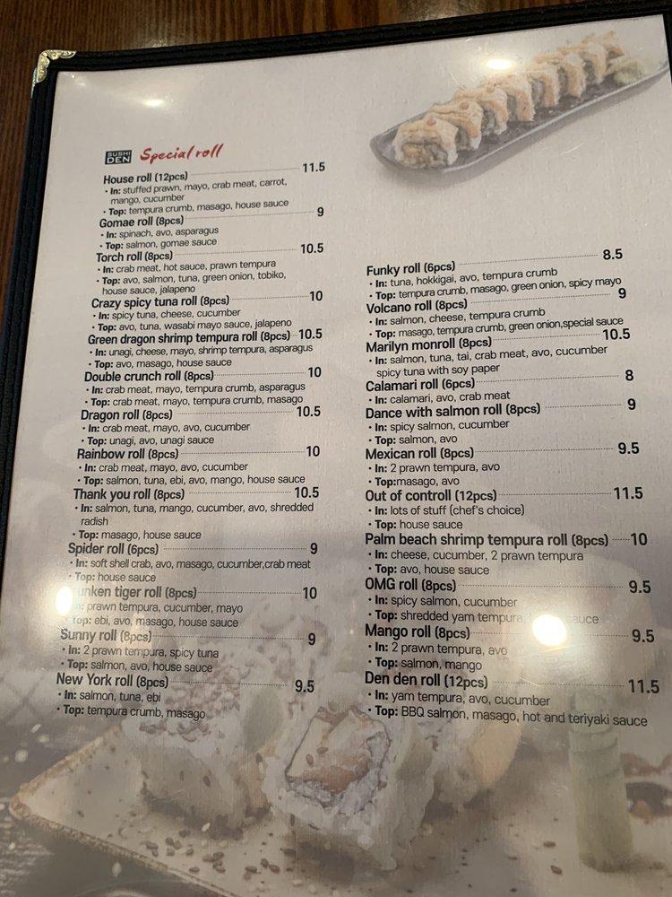 Menu at Sushi Den restaurant, Vancouver