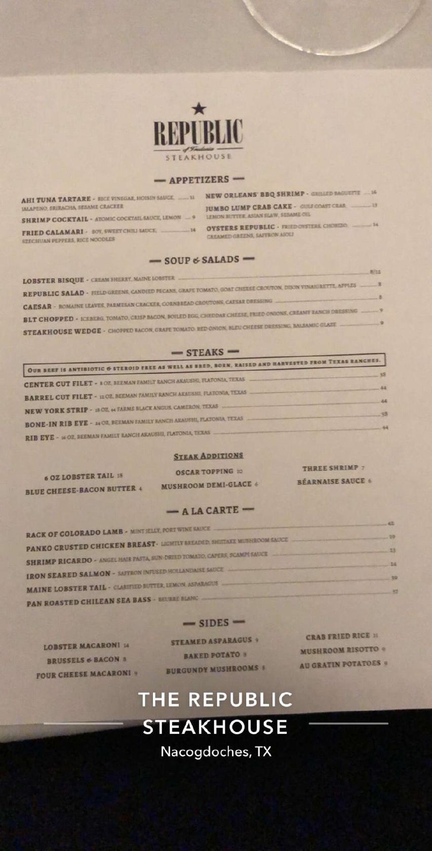 Menu at The Republic Steakhouse, Nacogdoches