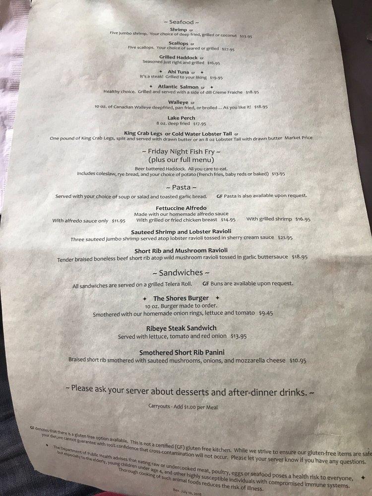 Menu at The Shores of Fox Lake steakhouse, Fox Lake