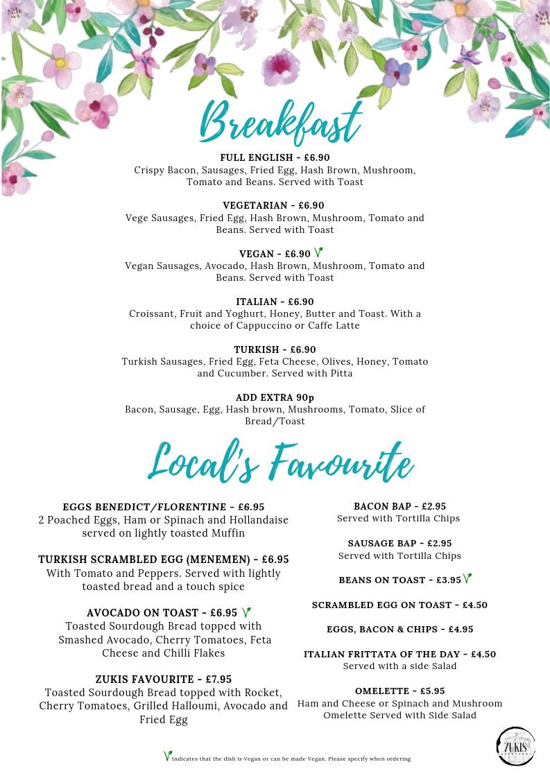Menu at Zukis Caffetteria cafe, Exeter