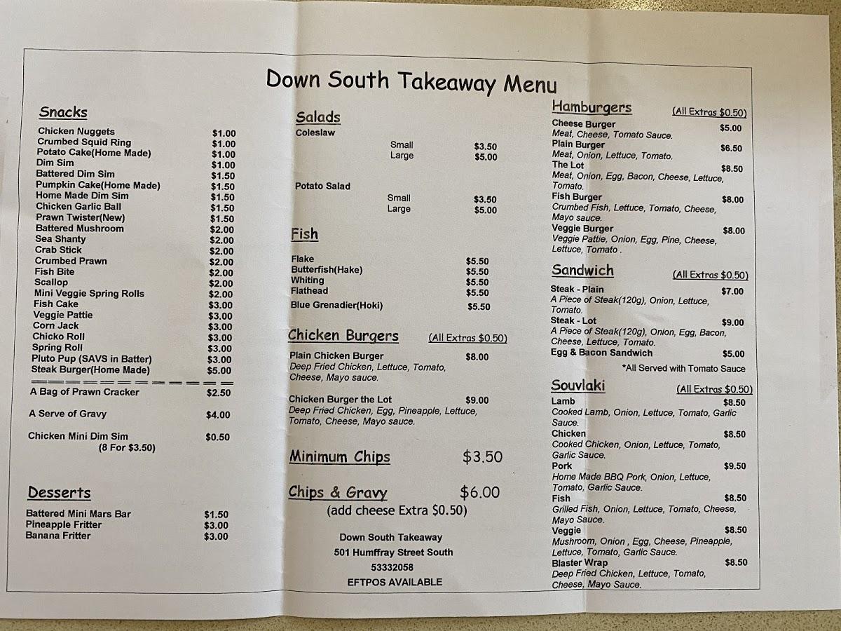 Menu at Down South Takeaway fast food, Golden Point
