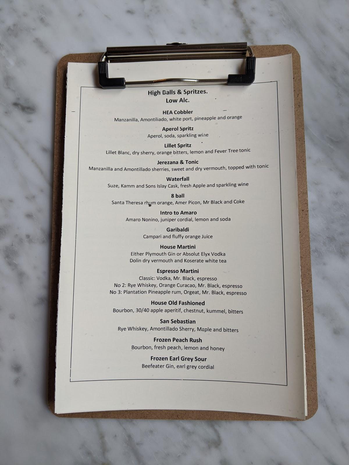 Menu at Ever After restaurant, London