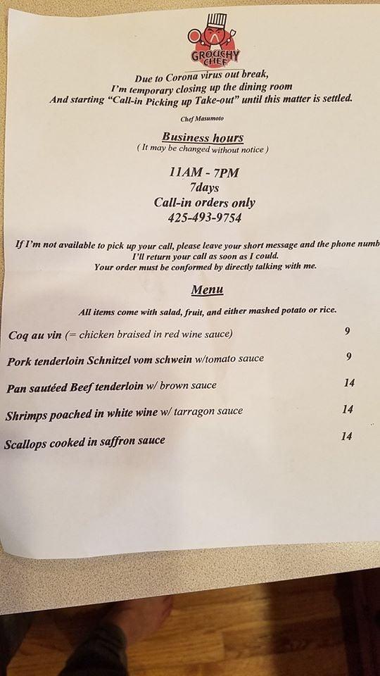 Menu at Grouchy Chef restaurant, Mukilteo