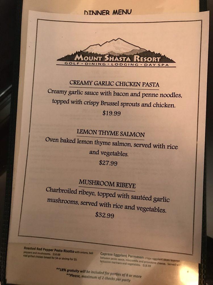 Menu at Mount Shasta Resort restaurant, Mount Shasta