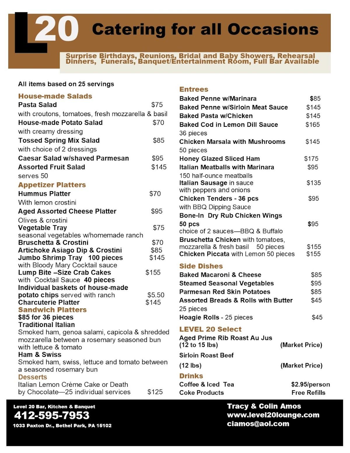 Menu at LEVEL 20 Restaurant, Bar, & Banquet, Bethel Park