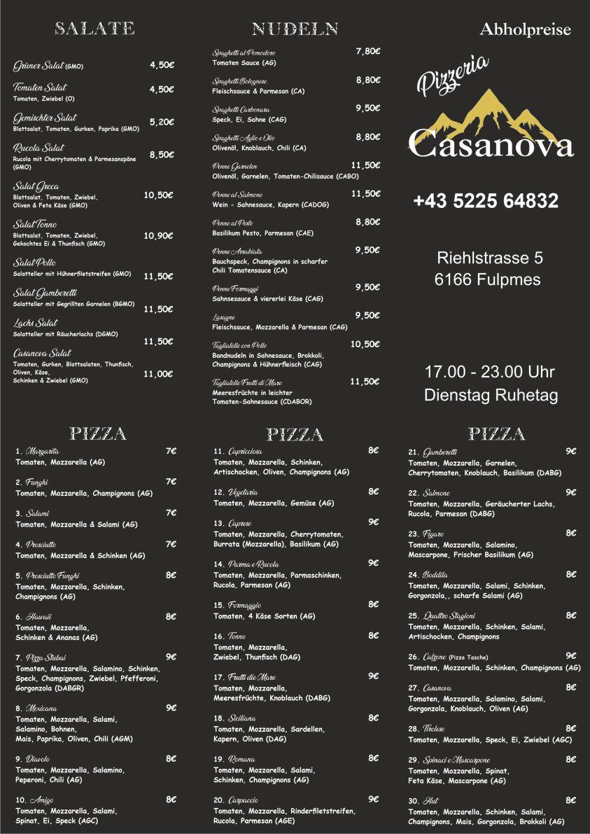 Speisekarte von Pizzeria Casanova, Fulpmes
