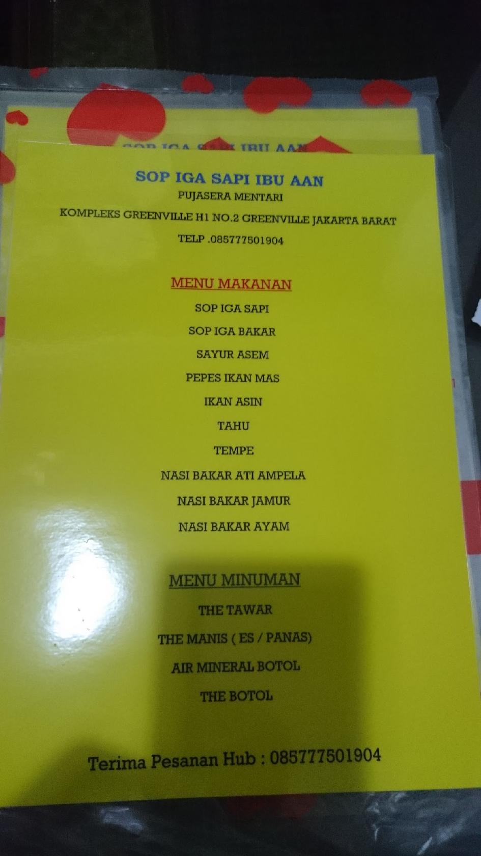 Menu at SOP IGA SAPI IBU AAN, West Jakarta